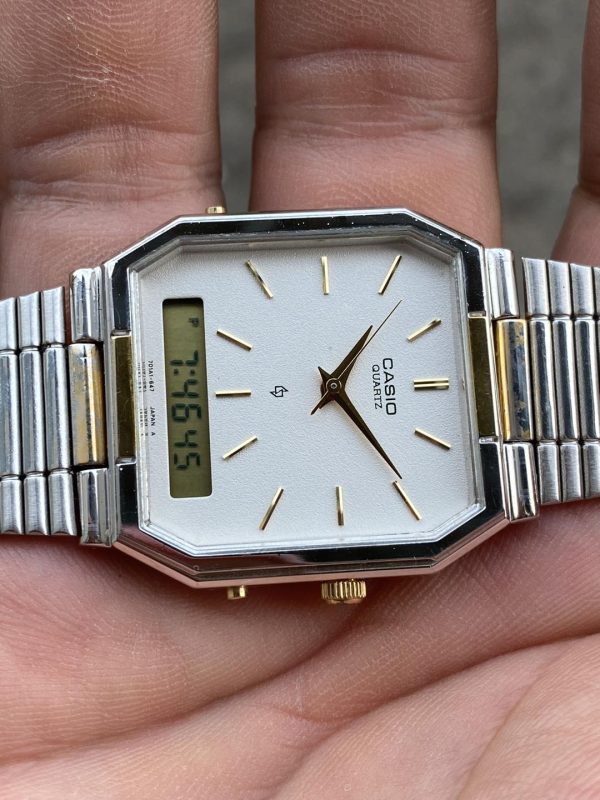 Vintage Casio 307 AQ-521 G Model Men’s Wrist Watch Gold Tone Analog Digital Running, made in ...